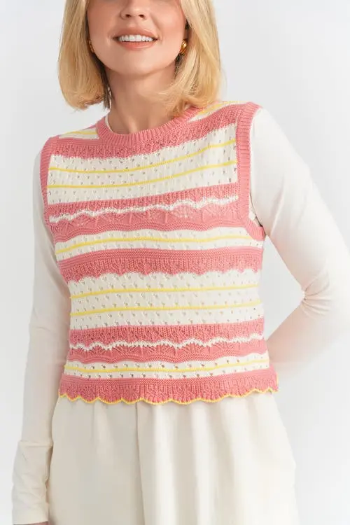 NONI Pointelle Striped Cotton Scalloped Hem Vest - White/blue