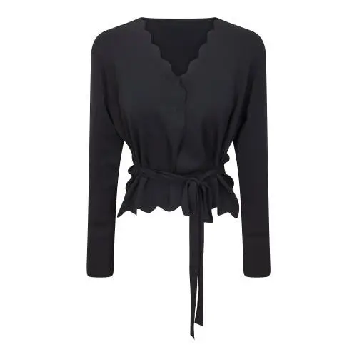 MIUMAX Scalloped Edge Knit Cardigan With Tie Belt - Black