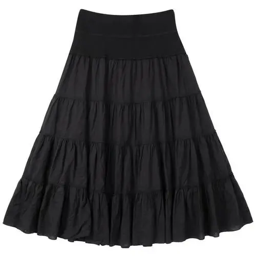 RED MYTH Tiered Gauze Rib Elastic Waistband Midi Skirt - Black
