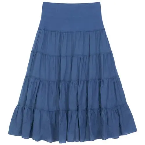 RED MYTH Tiered Gauze Rib Elastic Waistband Midi Skirt - Denim