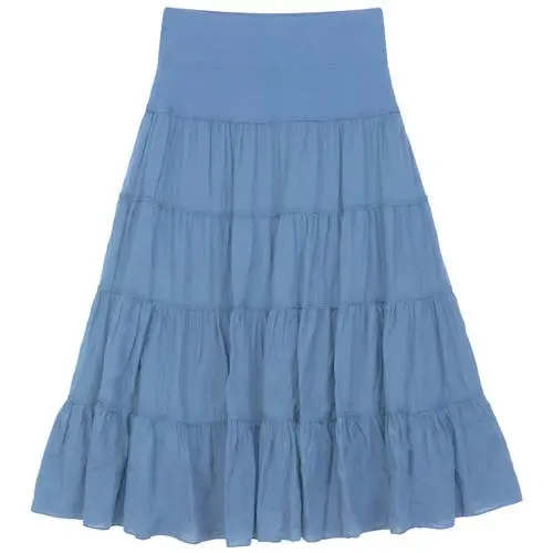 RED MYTH Tiered Gauze Rib Elastic Waistband Midi Skirt - Light Denim