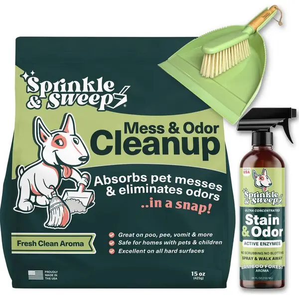SPRINKLE & SWEEP Pet Mess And Odor Cleanup Bundle, 15oz Bag, Broom - Multicolored