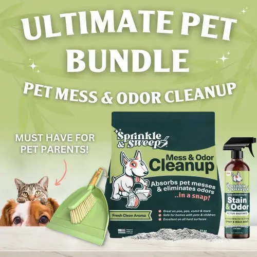 SPRINKLE & SWEEP Pet Mess And Odor Cleanup Bundle, 15oz Bag, Broom