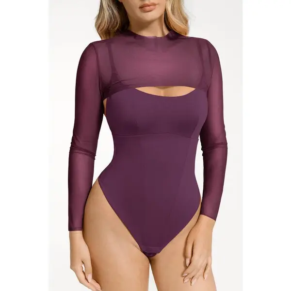 POPILUSH Sheer Shapewear Mesh Cutout Corset Bodysuit 2-piece Set - Plum