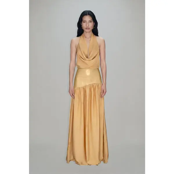 ATOIR Draped Cowl Halter Neck Maxi Dress With Leather Paneling - Golden Sands