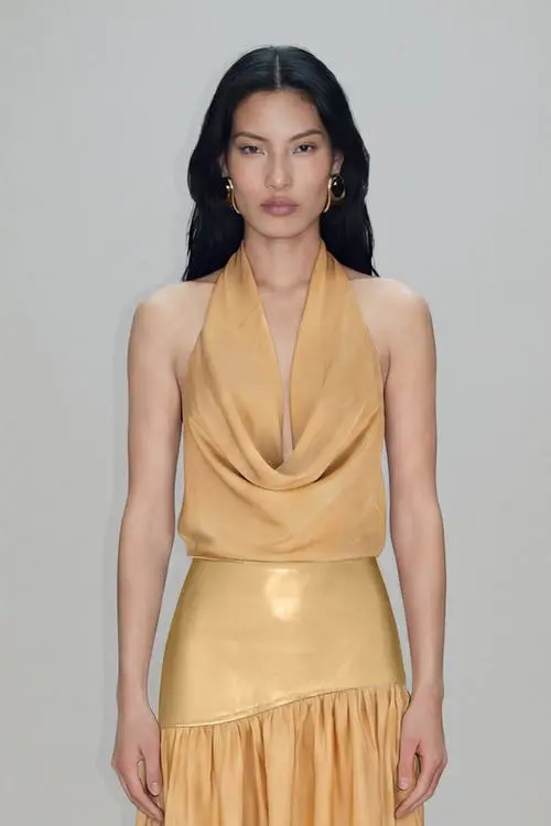 ATOIR Draped Cowl Halter Neck Maxi Dress With Leather Paneling - Golden Sands