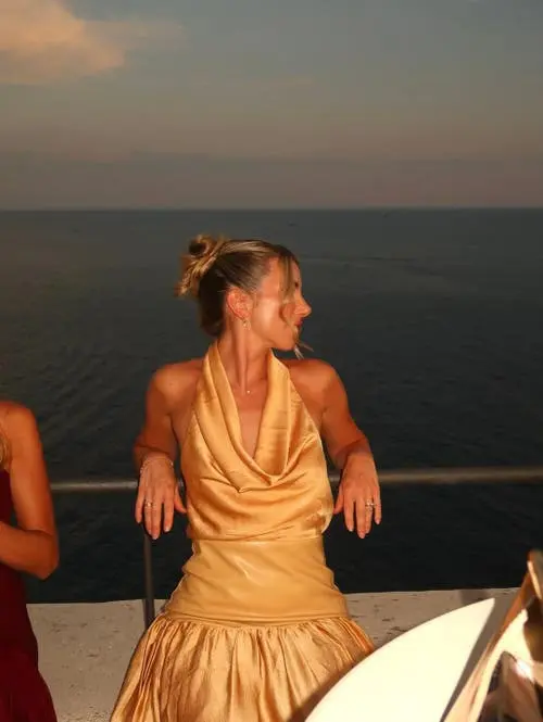 ATOIR Draped Cowl Halter Neck Maxi Dress With Leather Paneling - Golden Sands