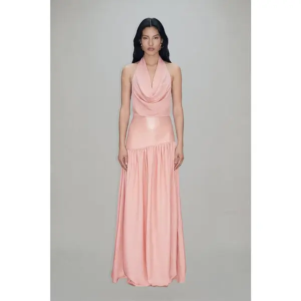 ATOIR Draped Cowl Halter Neck Maxi Dress With Leather Paneling - Pastel Pink