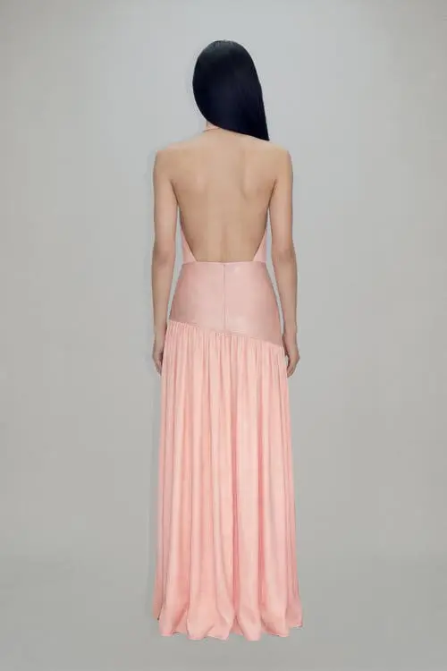 ATOIR Draped Cowl Halter Neck Maxi Dress With Leather Paneling - Pastel Pink