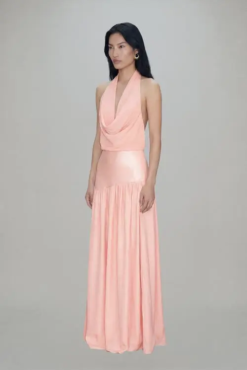 ATOIR Draped Cowl Halter Neck Maxi Dress With Leather Paneling - Pastel Pink