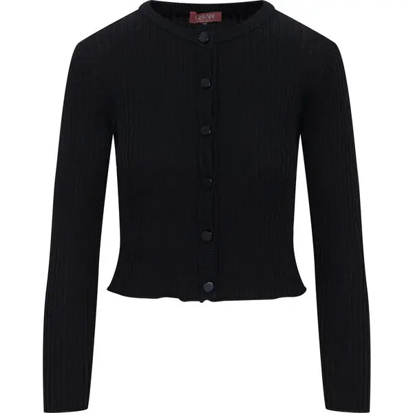 QEW Wide Rib Cropped Button Front Knit Cardigan - Black