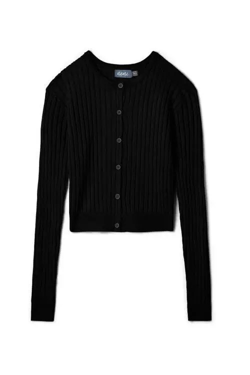 NONI Wide Rib Button Front Knit Cardigan Sweater - Black