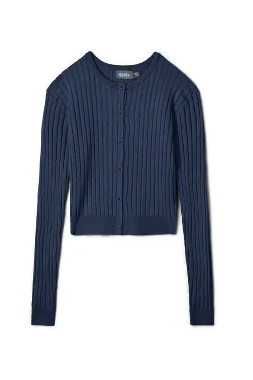 NONI Wide Rib Button Front Knit Cardigan Sweater - Navy