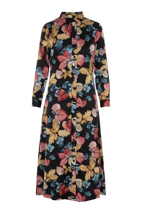 COCO DE LA MOUR Printed Satin Midi Shirt Dress - Black Leafs