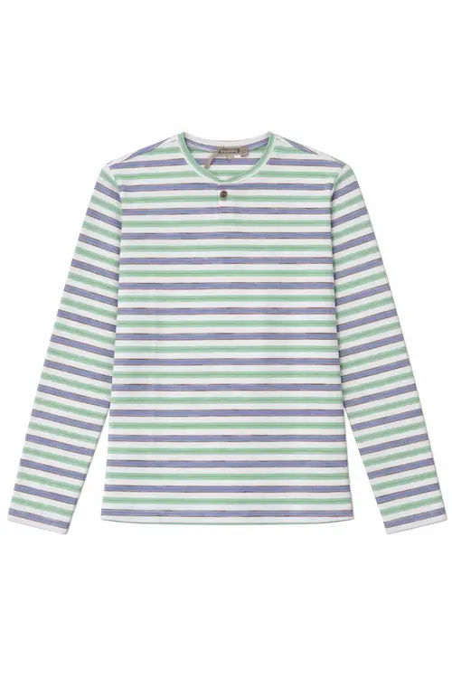 POSITIVE Striped Henley Ribbed Neckline Long Sleeve Tee - Mint