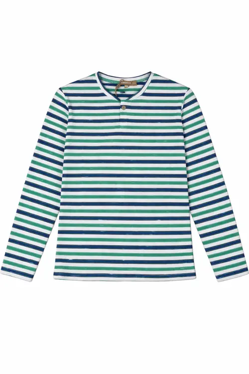 POSITIVE Striped Henley Long Sleeve Knit Top - Sapphire