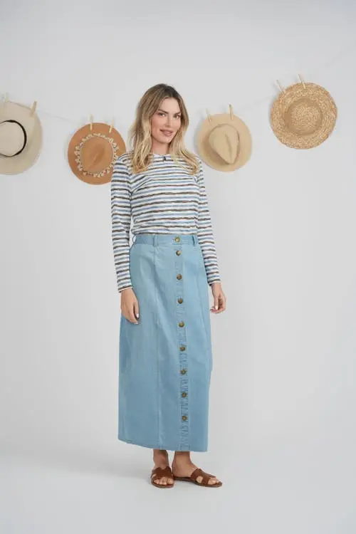 POSITIVE Ladies Striped Long Sleeve Henley Tee - Sapphire