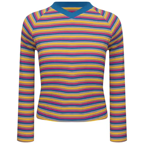 MIUMAX Striped Rib Knit Raglan Long Sleeve V-neck Tee - Fuchsia