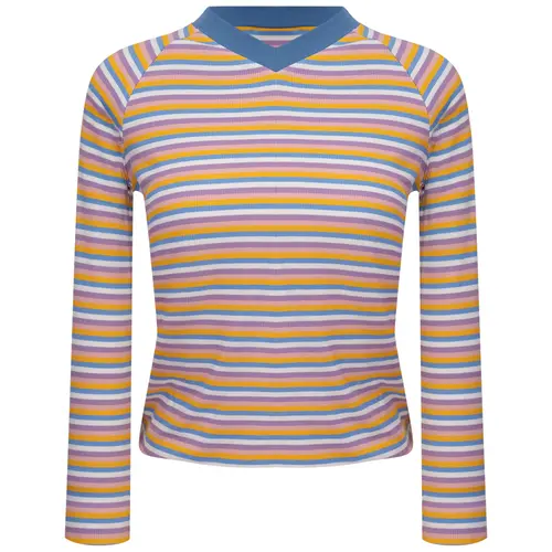 MIUMAX Striped Rib Knit Raglan Long Sleeve V-neck Tee - Light Chambray