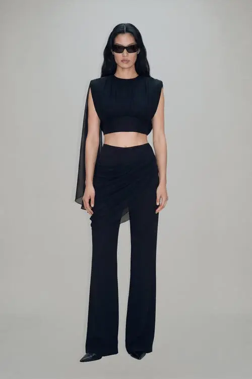 ATOIR Leonie Cropped Corset Top With Chiffon Drapery - Black