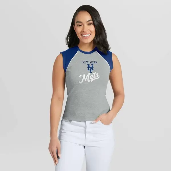 WEAR BY ERIN ANDREWS New York Mets Cropped Raglan Tank Top - Heather Gray
