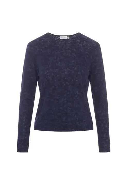 NONI DAILY Distressed Washed Crew Neck Long Sleeve Top - Denim