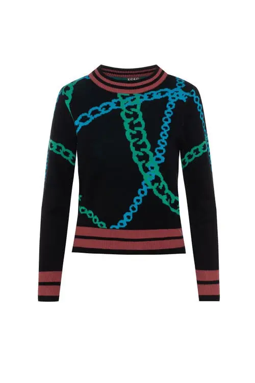 Coco Printed Knit Chain Sweater - Black