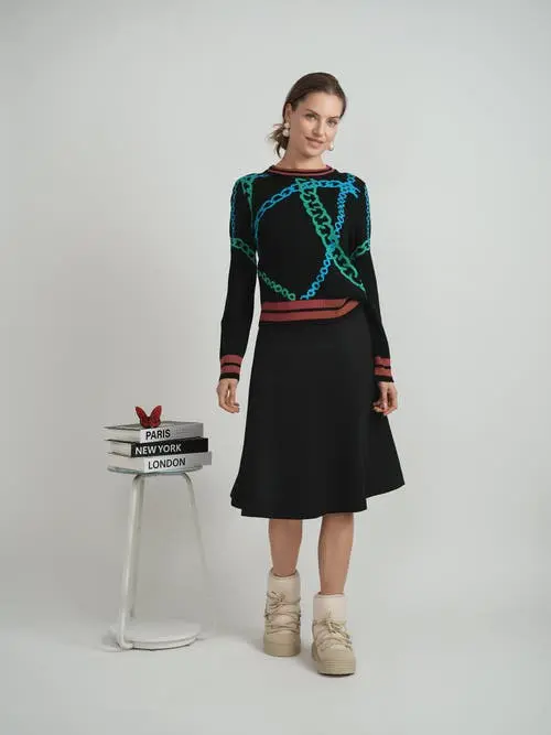 Coco Printed Knit Chain Sweater - Black