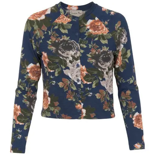 COCO DE LA MOUR Floral Crew Neck Button Front Cardigan Top - Chambray