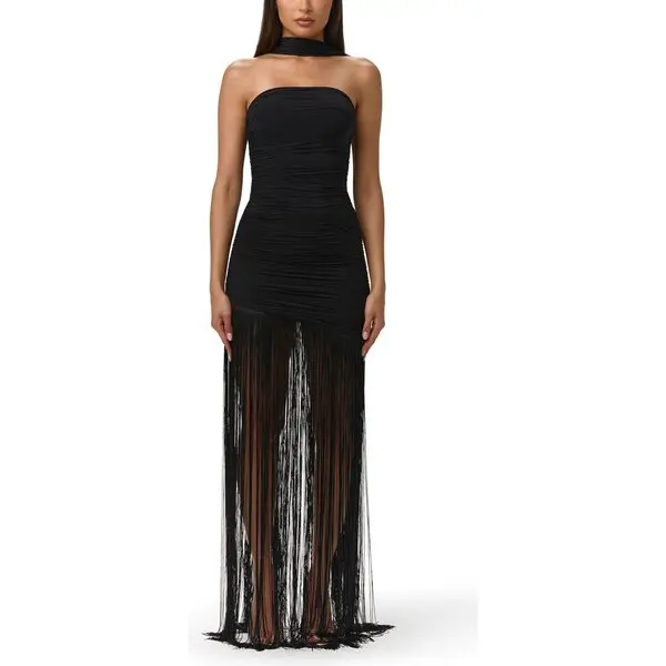 Naked Wardrobe Fringe Hem Ruched Strapless Dress