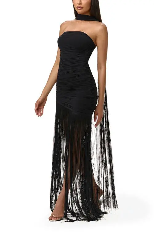 Naked Wardrobe Fringe Hem Ruched Strapless Dress