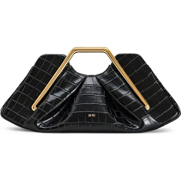 Jw Pei Lila Croc Embossed Faux Leather Clutch With Metal Frame And Top Handle - Black