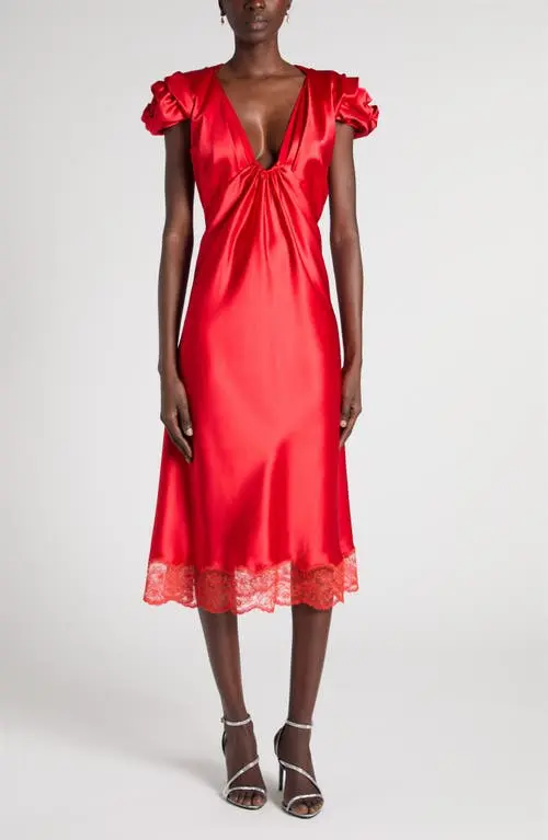 Alexander McQueen Rosette Sleeve Satin Cocktail Dress - Flame Red