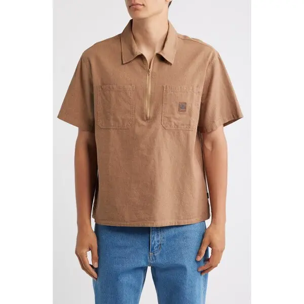 Brixton Brakeman Striped Half Zip Shirt - Brown/tan Stripe