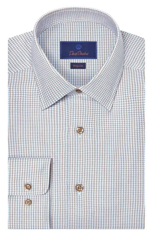 David Donahue Regular Fit Check Cotton Dobby Dress Shirt - Sky/chocolate