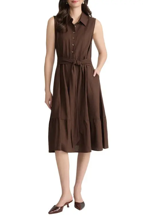 Jones New York Sleeveless Collared Midi Dress With Tie Waist - Fudge