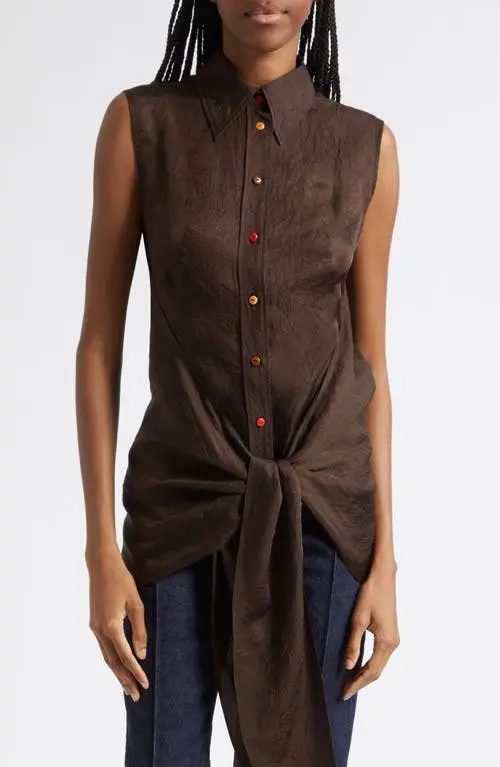 Ossou Ranger Sleeveless Tie Front Crinkle Satin Button-up Shirt - Cedar