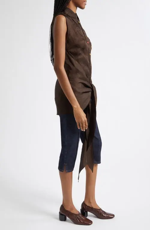 Ossou Ranger Sleeveless Tie Front Crinkle Satin Button-up Shirt