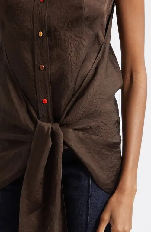 Ossou Ranger Sleeveless Tie Front Crinkle Satin Button-up Shirt