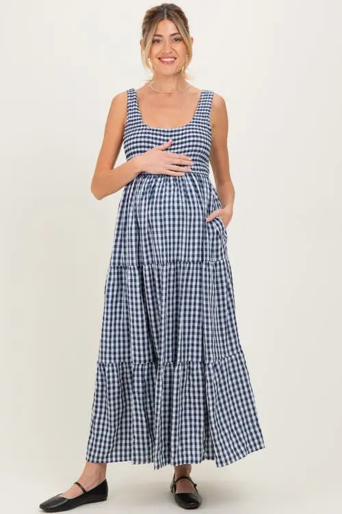 PINKBLUSH Sleeveless Gingham Tiered Maxi Dress - Blue