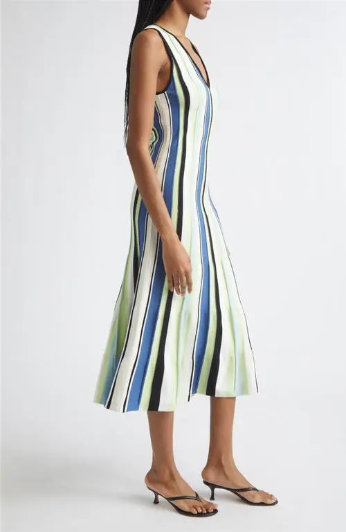 TOCCIN Fifi Vertical Stripe A-line Knit Midi Dress - Ocean/keylime Multi