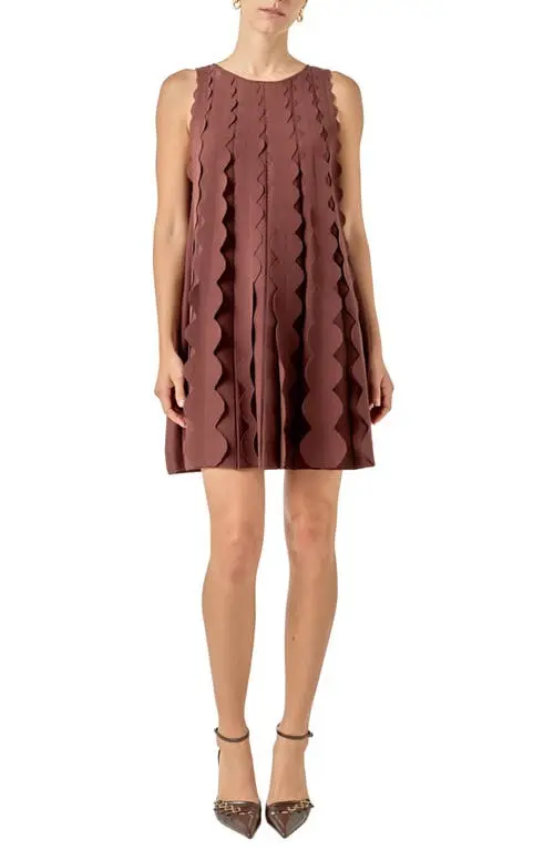 English Factory Scalloped Sleeveless Shift Dress - Brown