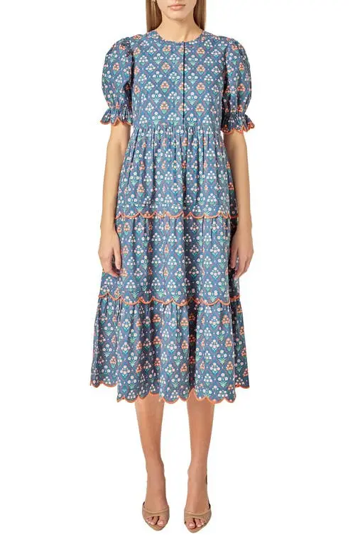 English Factory Ditsy Floral Scallop Trim Tiered Midi Dress - Navy Multi