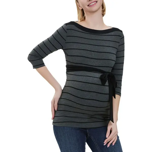 KIMI + KAI Striped Boat Neck Top With Self-tie Waist - Gray