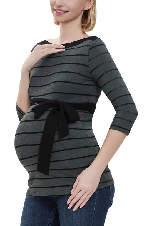 KIMI + KAI Striped Boat Neck Top With Self-tie Waist