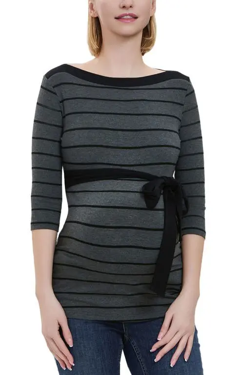 KIMI + KAI Striped Boat Neck Top With Self-tie Waist