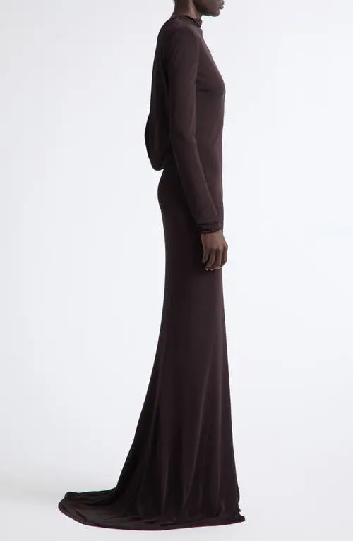 TOM FORD Long Sleeve Draped Open Back Crepe Jersey Gown - Espresso