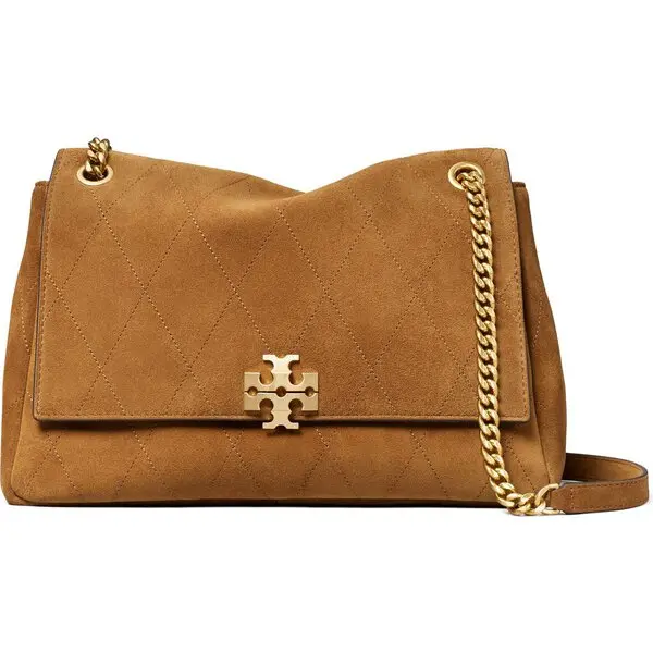 Tory Burch Charlie Quilted Suede Shoulder Bag - Caramel