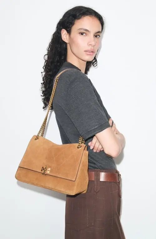 Tory Burch Charlie Quilted Suede Shoulder Bag - Caramel
