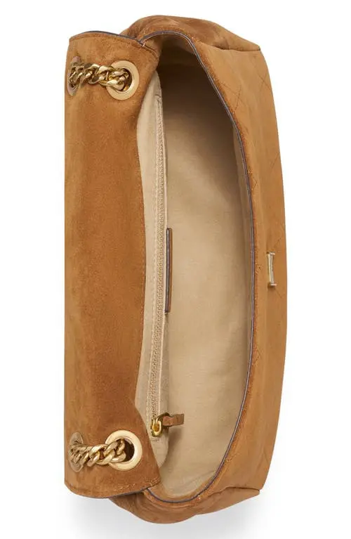 Tory Burch Charlie Quilted Suede Shoulder Bag - Caramel